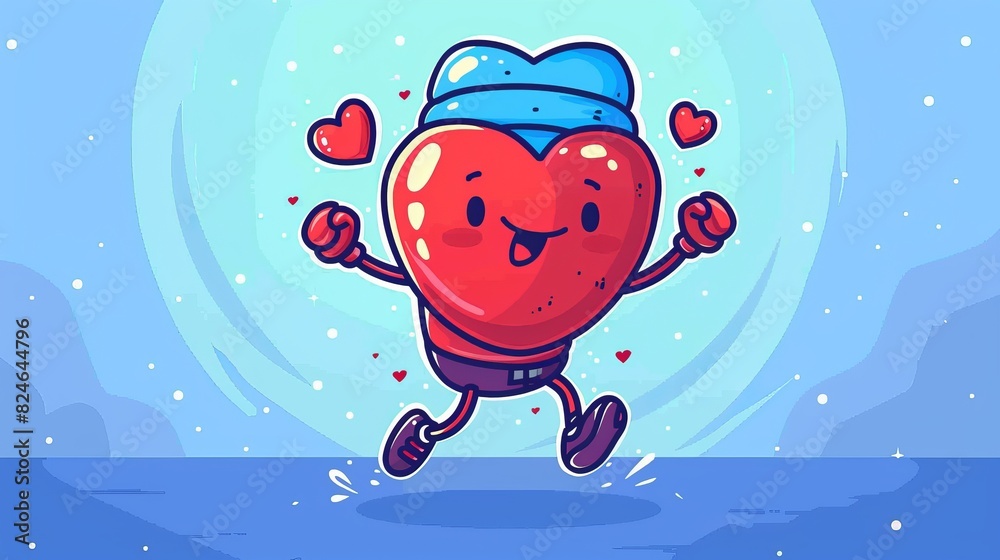 An adorable cartoon heart character is seen striding and sweating while ...