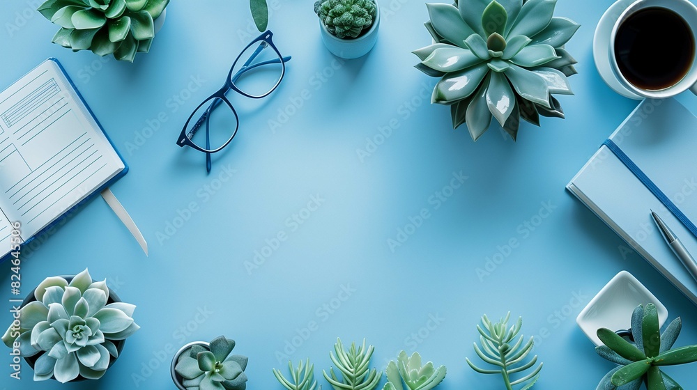 Blue workspace with succulents, notebooks, glasses banner background ...