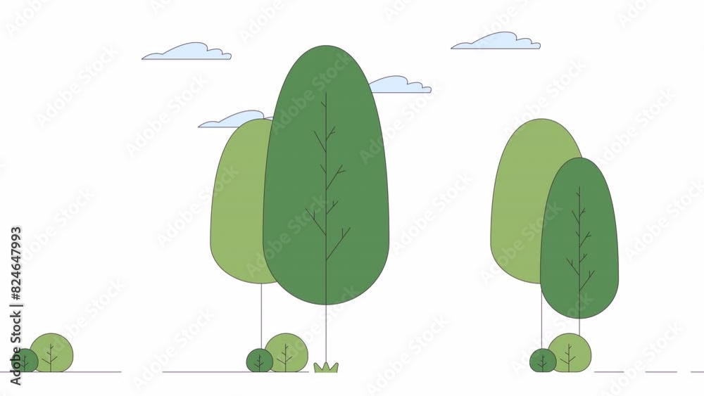 Trees and bushes under light clouds line cartoon animation. Summer park ...