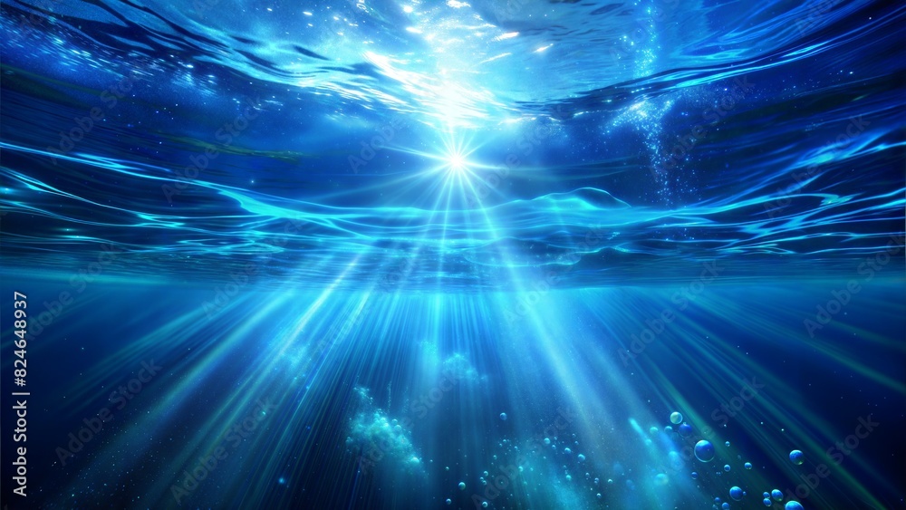 4K blue underwater ocean waves seamless loop animation, light rays pass ...