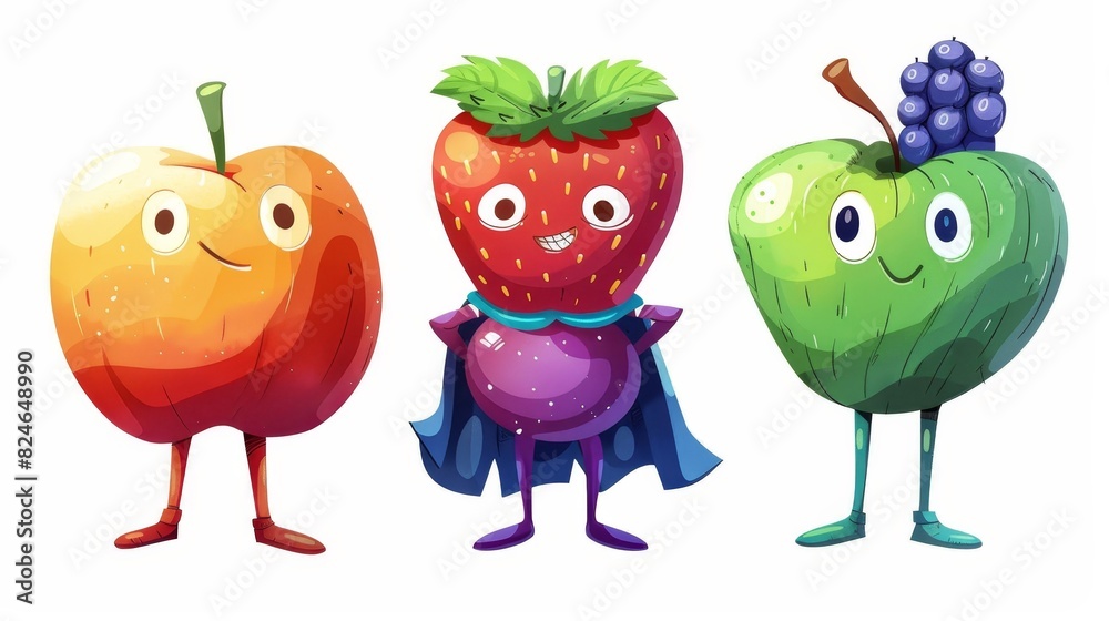Cartoon illustration set with superhero fruit. A superhero apple, berry ...