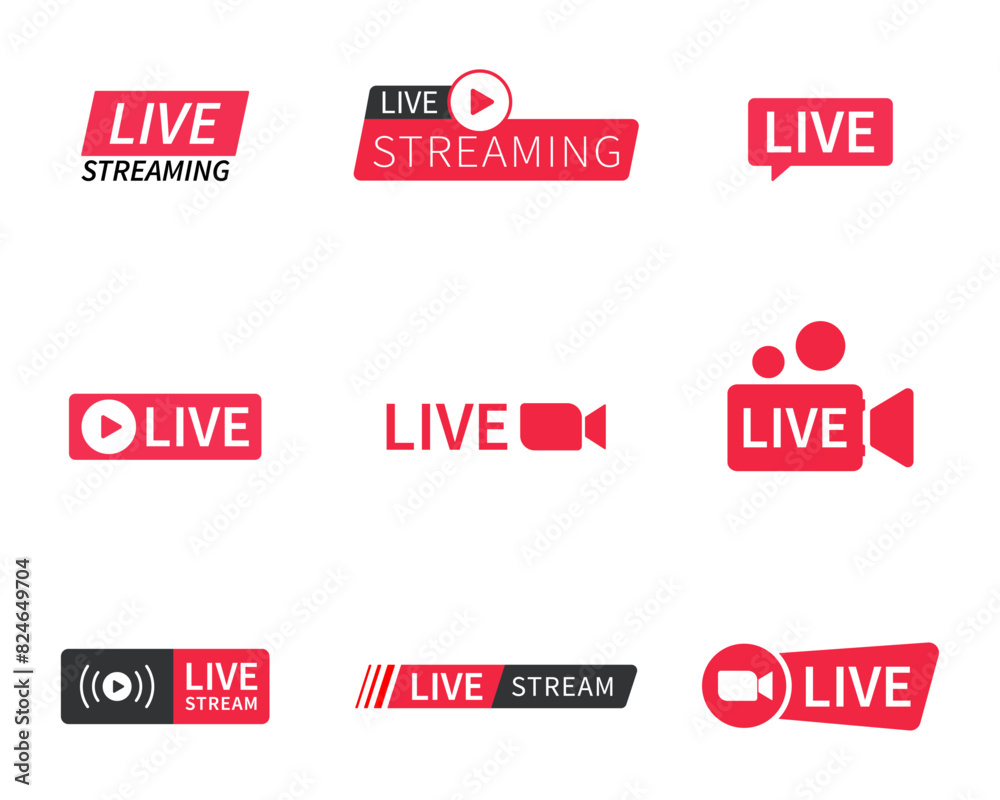 Live and live streaming icon set in red and white color. Live streaming ...