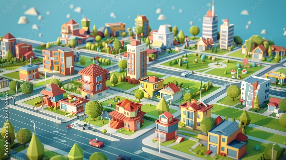 Isometric cartoon cityscape. With low poly colour background. Different ...