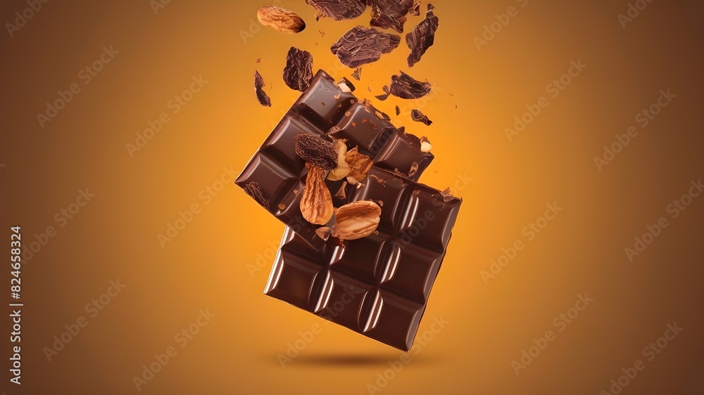 Various types of chocolate falling with choc flake in the air isolated ...