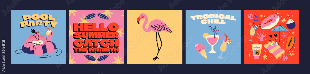 Pool party, cartoon poster of characters, inflatable rings, palm trees ...