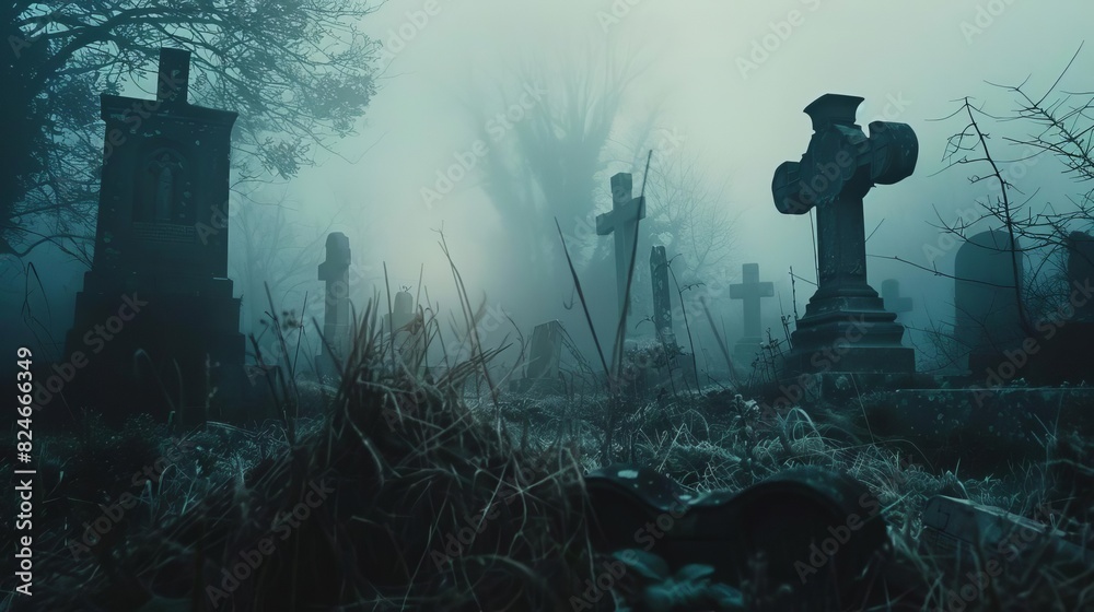 Creepy graveyard with fog, tombstones, and ghostly figures, dark and ...