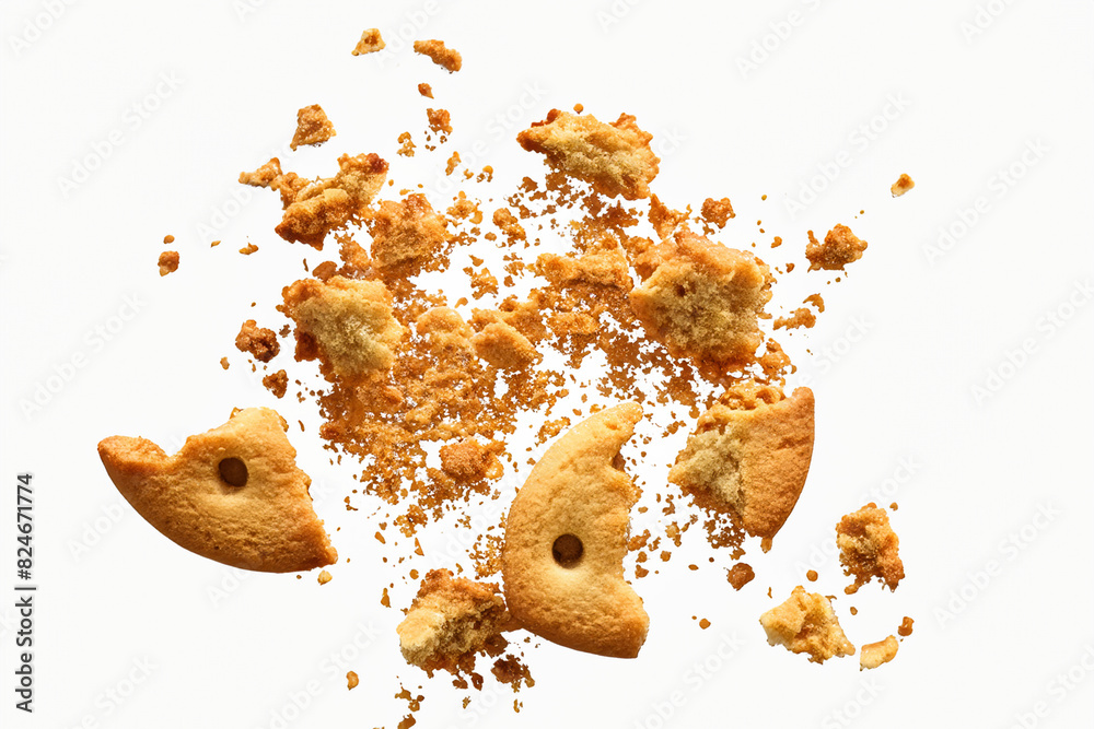 Cookie crumbs falling from above with isolated white background. Crumbs ...