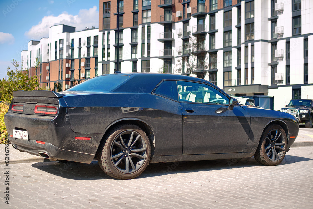 Minsk, Belarus. Apr 28, 2024. Dodge Challenger American muscle car side ...