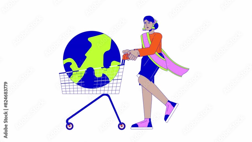 Indian woman pushing shopping cart with Earth globe line 2D animation ...