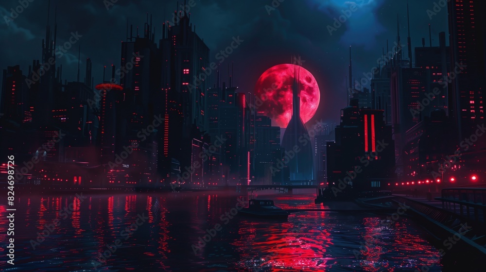 Eerie cyberpunk cityscape under colossal red moon illustration ...