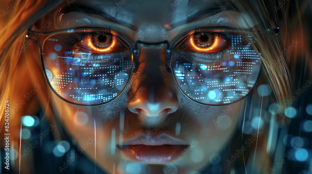 Cute woman software developer girl floating in the internet, deep web ...