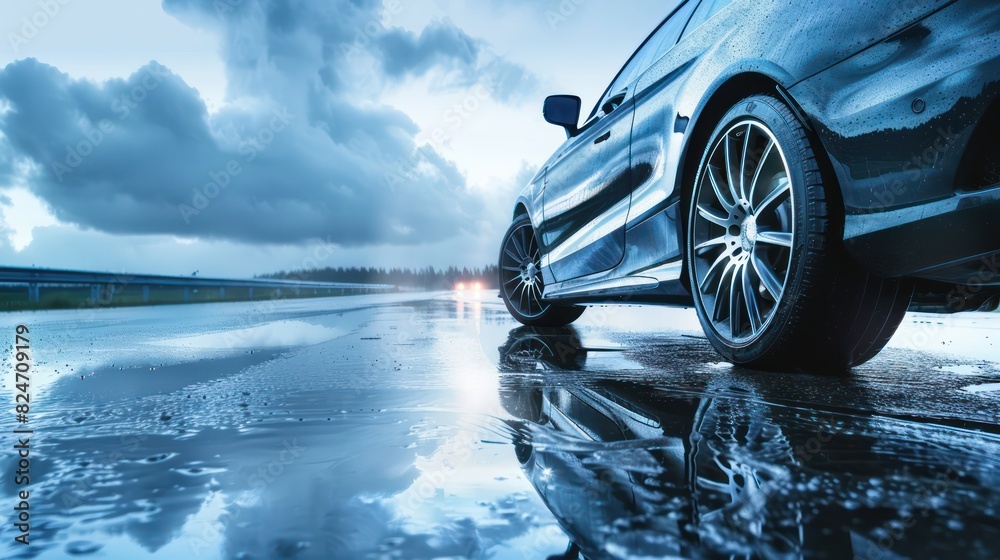 Depict a generic modern car parked on a reflective surface, such as a ...