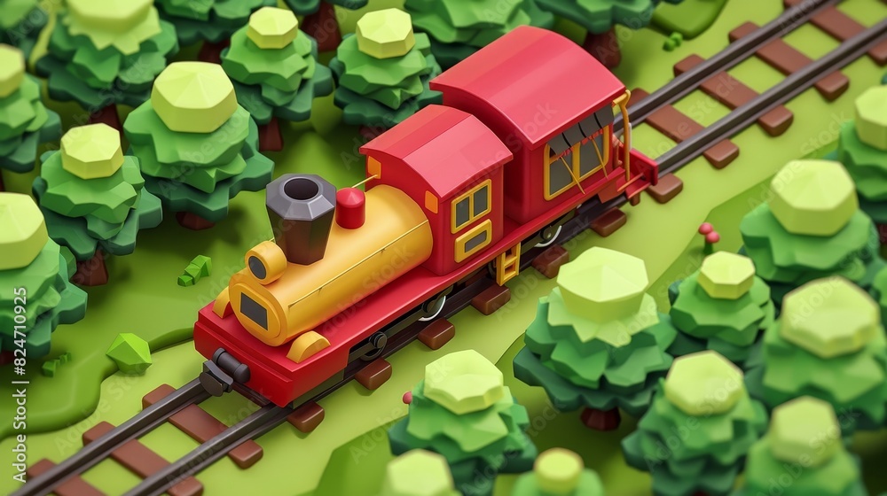 Cartoon train with trees in an isometric view on a background of ...
