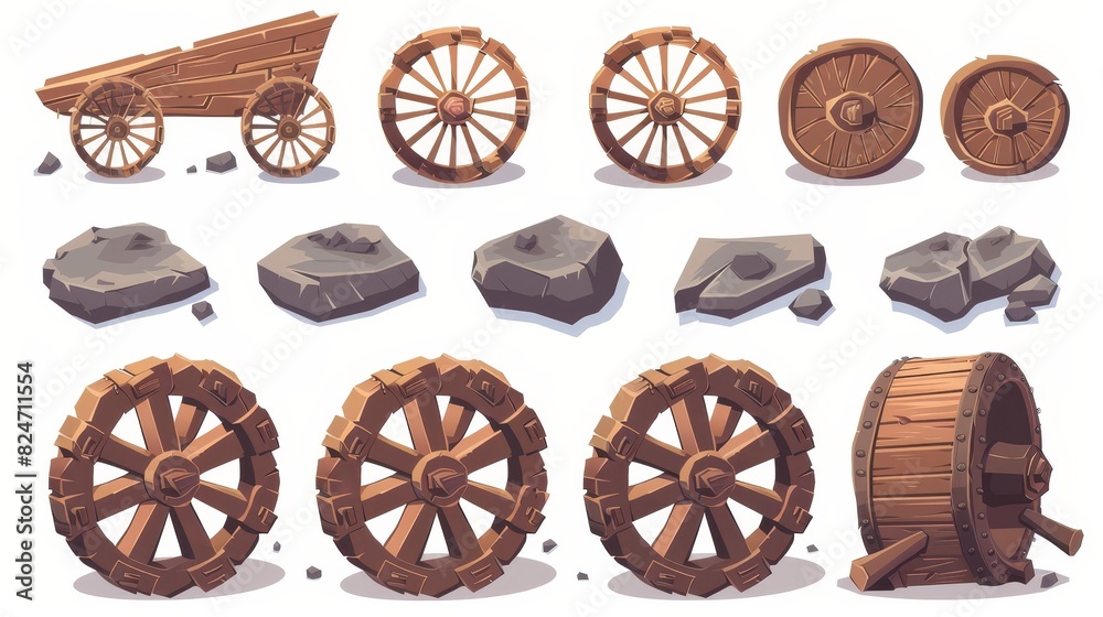 Vintage car tires cartoon modern game assets set of antique wood wheel ...