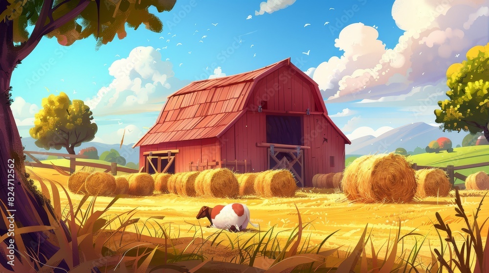 This cartoon barn design features straw bales and hay piles. This is a ...