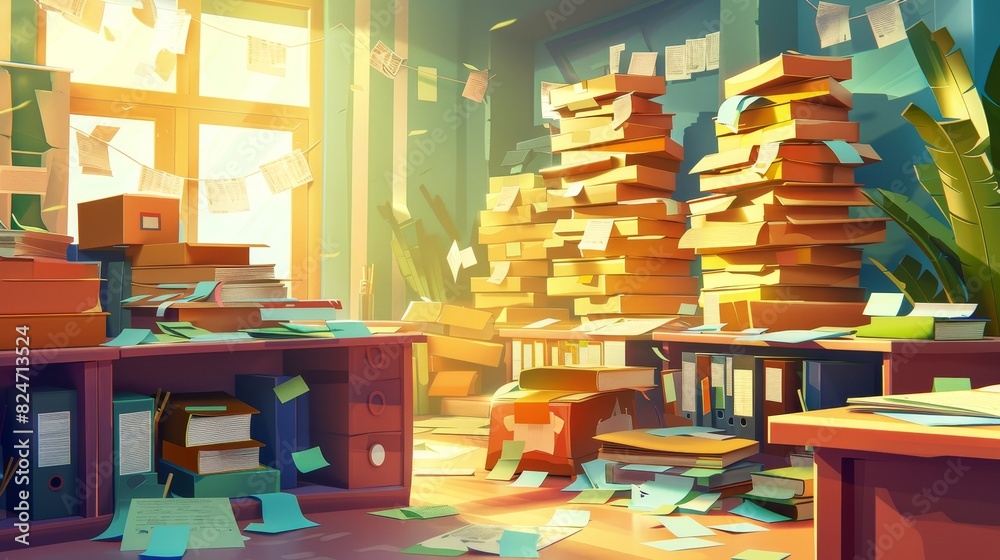 Documents pile up in a disorganized office. Cartoon illustration ...