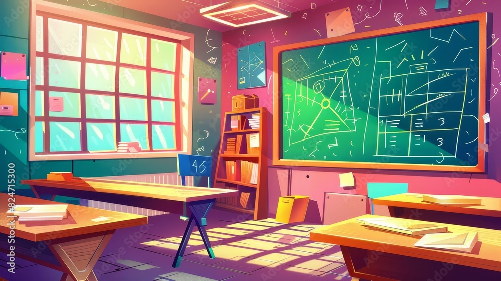 Cartoon illustration of a math classroom with an empty chalkboard for ...