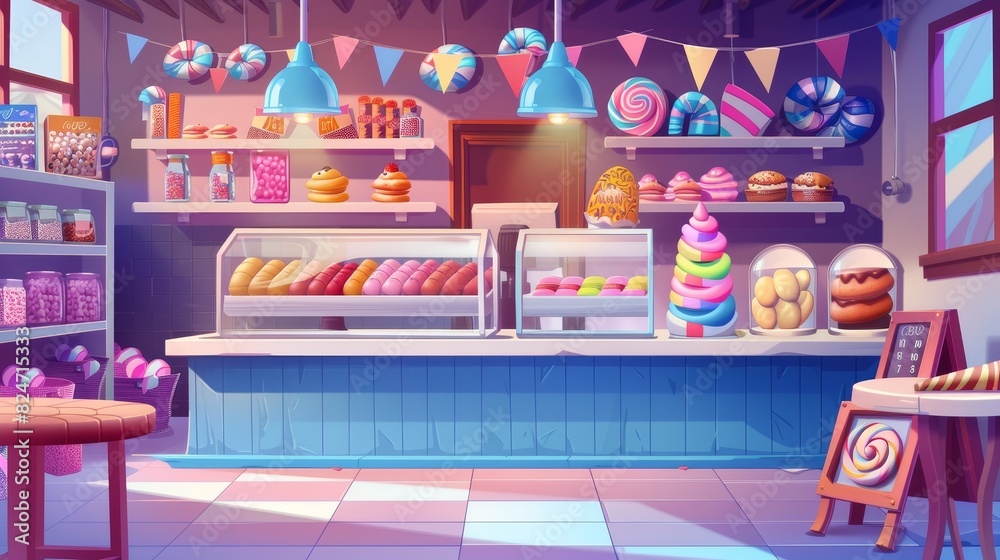 Illustration of a candy shop with various sweets and pastries for sale ...
