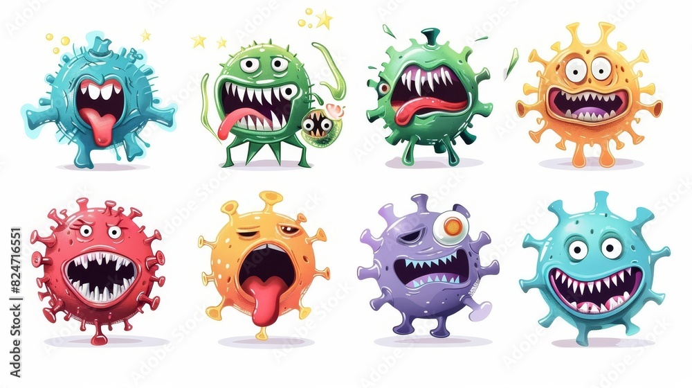 Cartoon viruses and bacteria with tongues, teeth and scary smiles ...