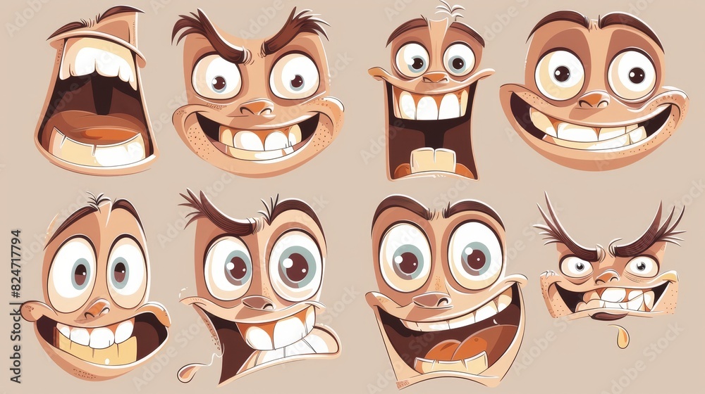 Happy 50s cartoon and comic expressions. Old animation faces. Retro ...