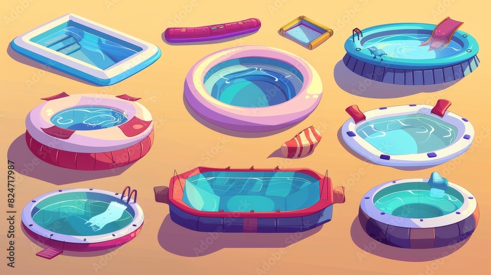 Cartoon illustration collection of swimming pools. Inflatable and ...