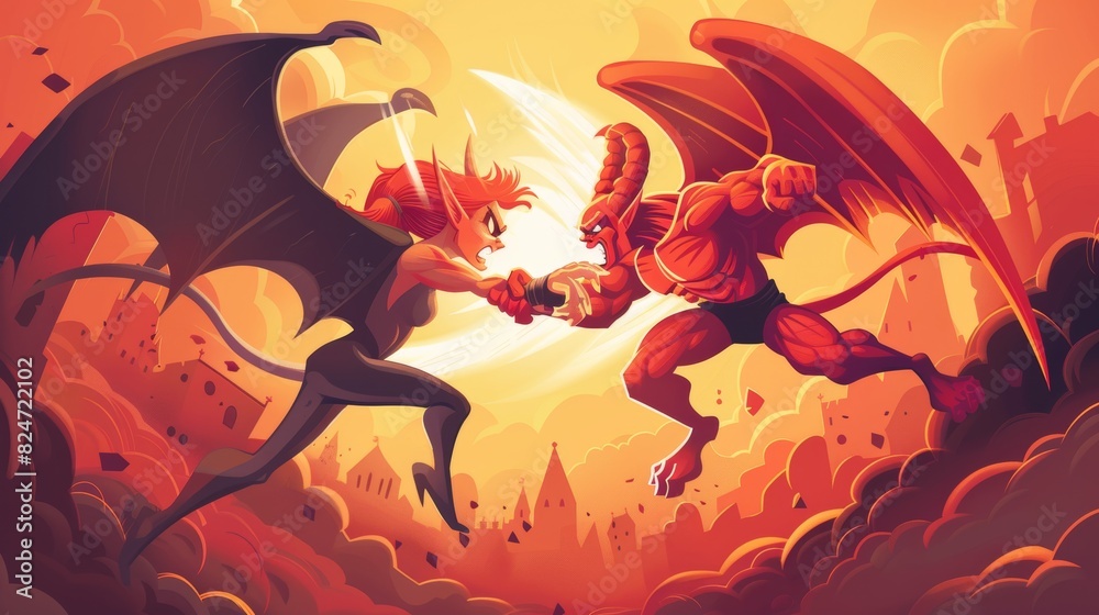 Modern clipart illustration of a devil punching an angel in the face ...