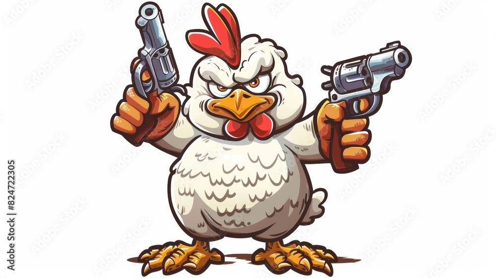 Cartoon chicken holding revolvers. Modern clip art illustration with ...