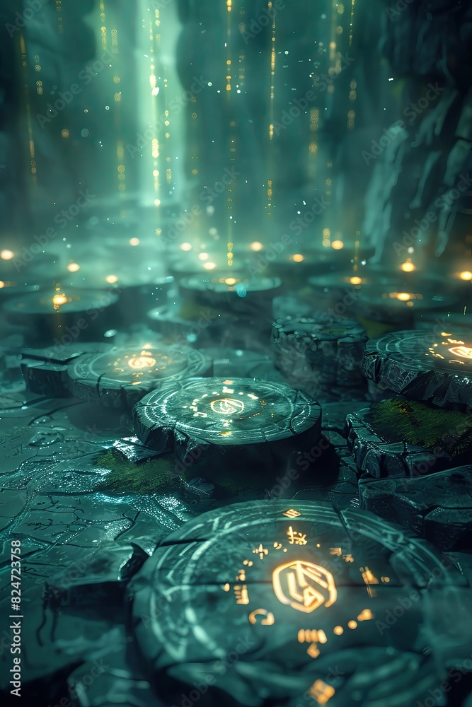 Mystical runes with glowing symbols and enchanted light, creating a ...