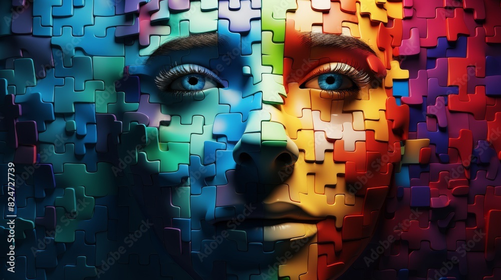 Human face made of colorful puzzle pieces. Knowledge and logic concept ...