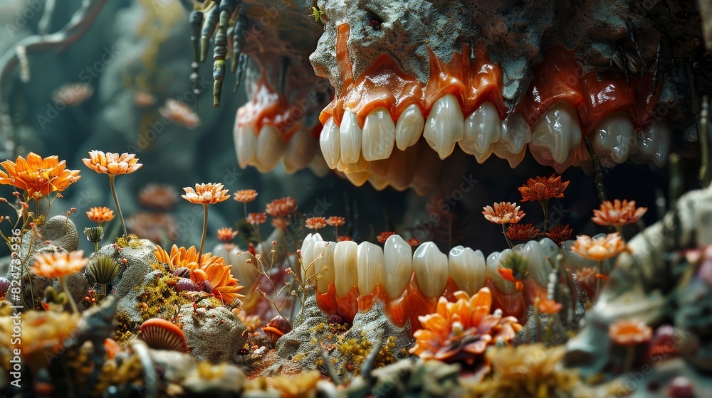 The image shows a set of teeth with barnacles and other sea life ...