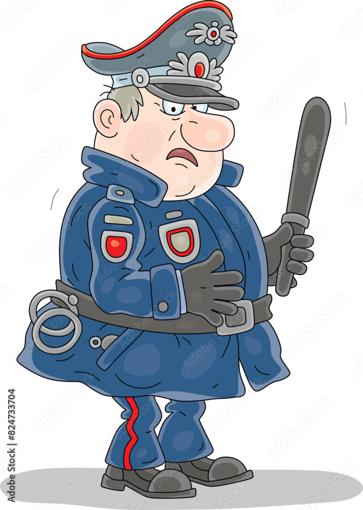 Annoyed and suspicious cop with his baton while patrolling on a street ...