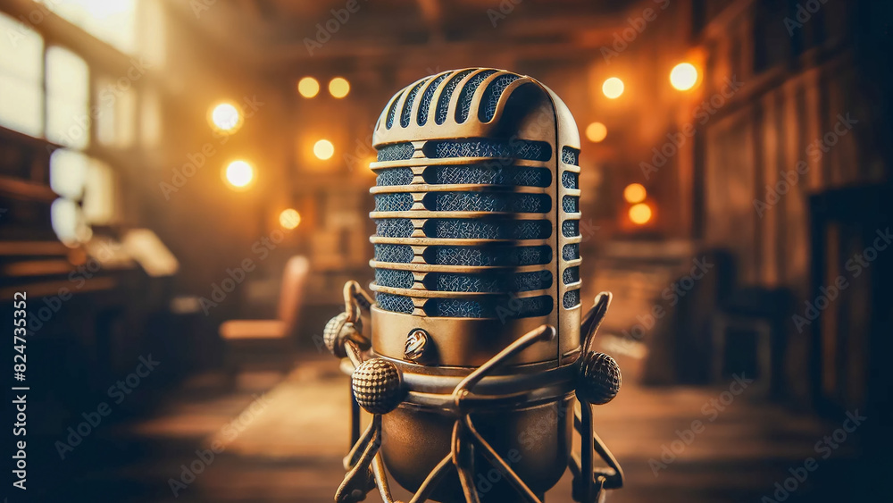 vintage microphone, with a focus on its intricate details and patina ...