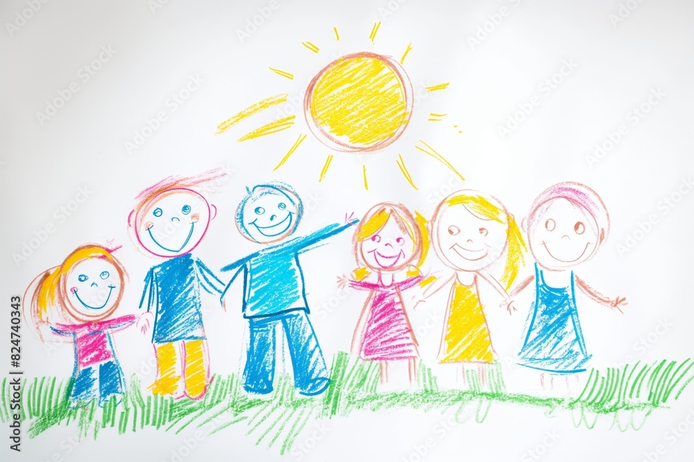Crayon drawing by children, showcasing a family of five with a bright ...