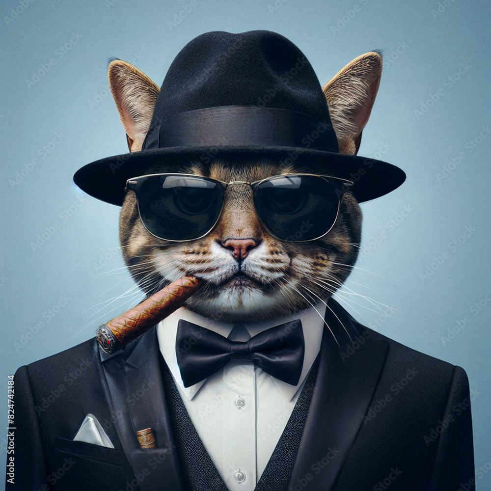 Italian gray tabby cat with glasses wearing a black tuxedo and hat ...
