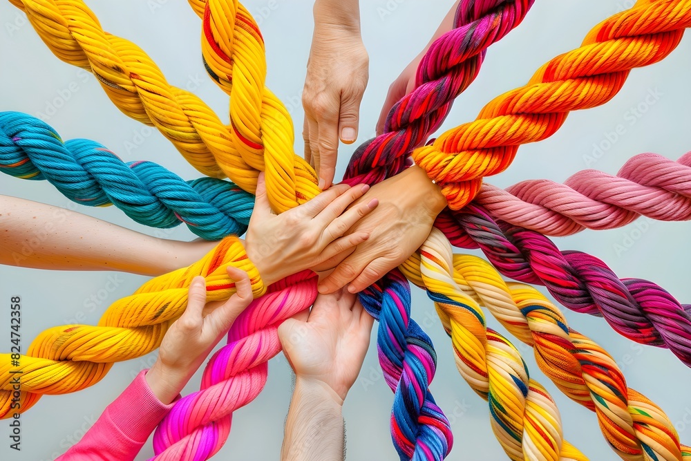 Team rope diverse strength connect partnership together teamwork unity ...