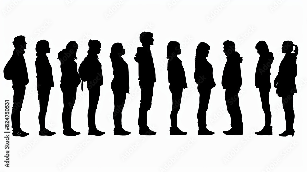 Highly detailed silhouettes of people standing in line, isolated on a ...