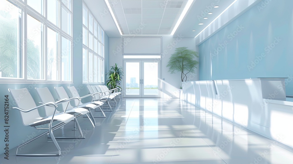 A modern white and light blue hospital waiting room with empty chairs ...