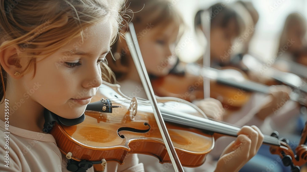 Children's music class, a group of kids playing various musical ...