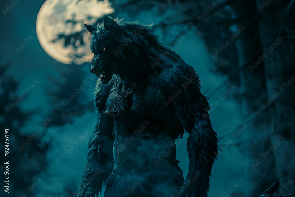 A fierce werewolf mid-transformation under a full moon, muscles ...