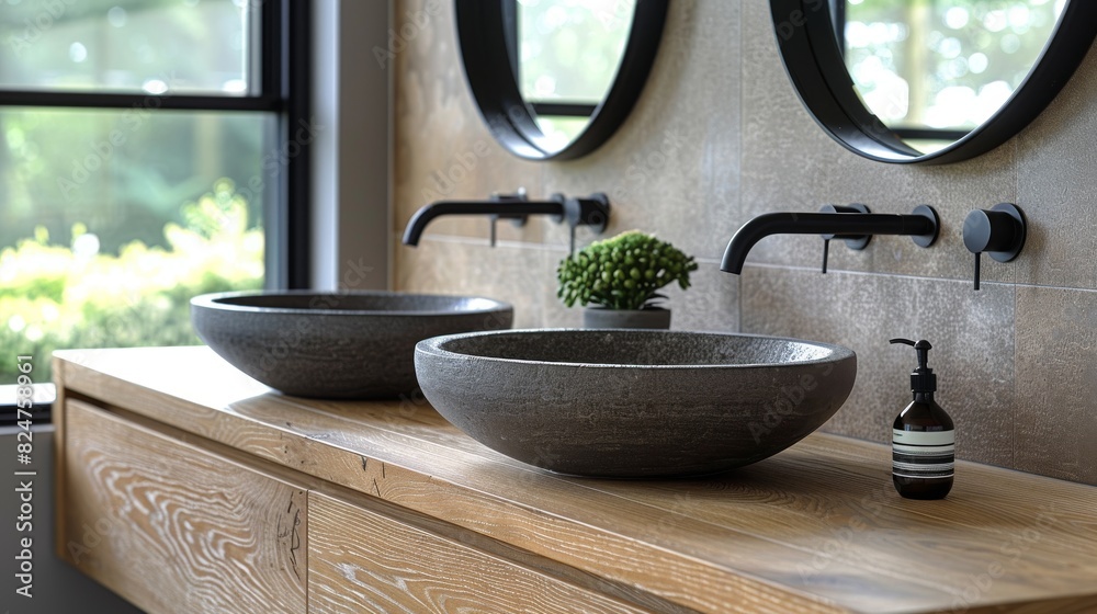 Detailed view of an elegant bathroom design with double stone basins ...
