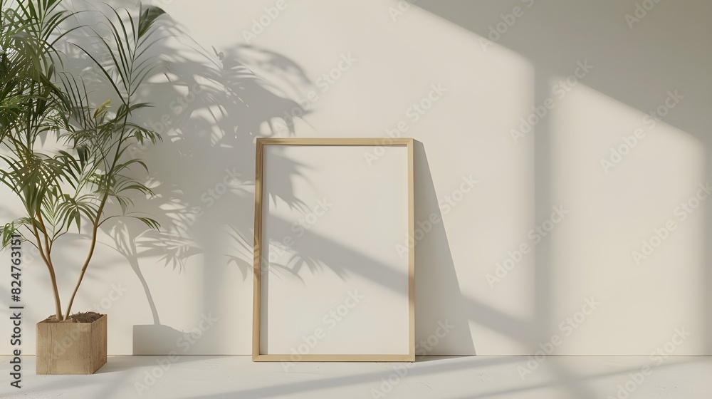 Mockup of wooden frame on white wall. Mockup of a poster. Simple ...