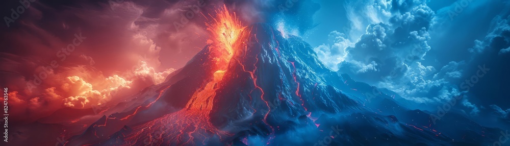 Futuristic depiction of a volcanic eruption, with a digitally rendered ...
