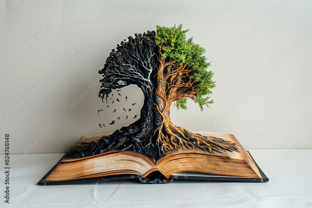 An open book with a tree rising from its center, one half of the tree ...