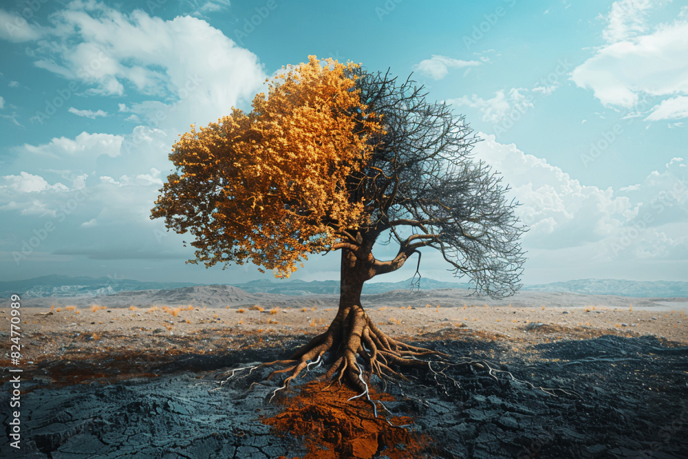 Change tree forest drought and forest refreshing. Ecology concept Half ...