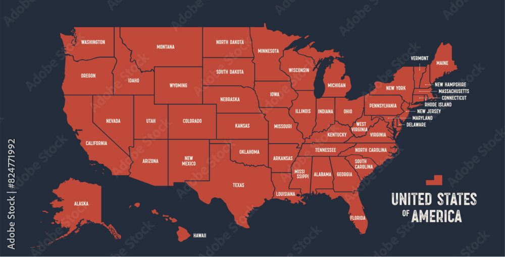 USA Map. Poster map of United States of America. Print of USA with name ...