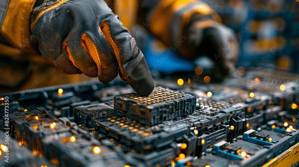 Technicians' hands are shown arranging a series of electronic ...