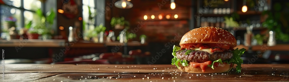 An elegant, dimly lit shot of a beef burger on a cozy diner table, the ...