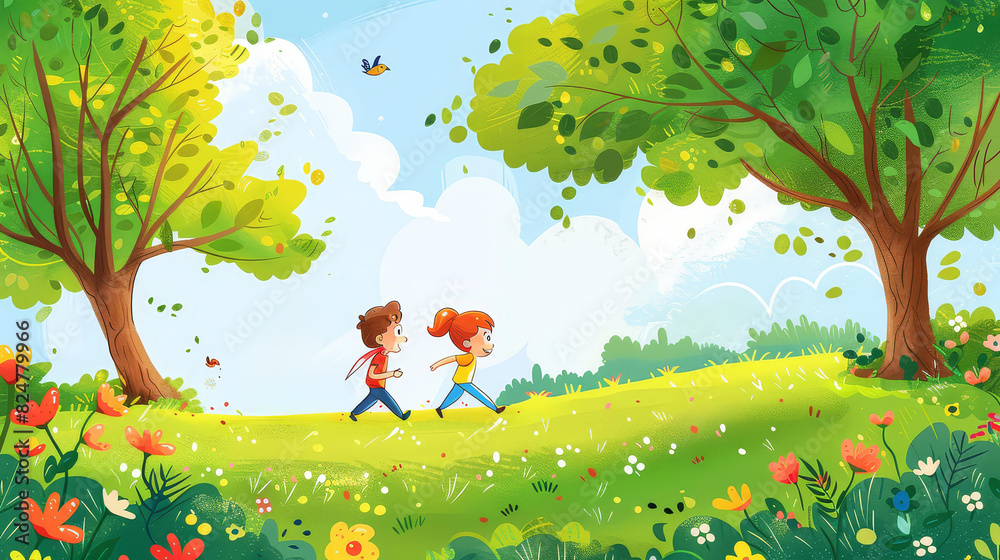 Design a whimsical Childrens Day background with kids playing in a ...