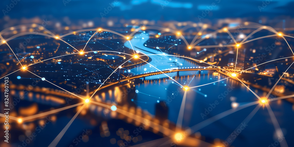 Abstract smart city lights by night, river bridge, network connectivity ...