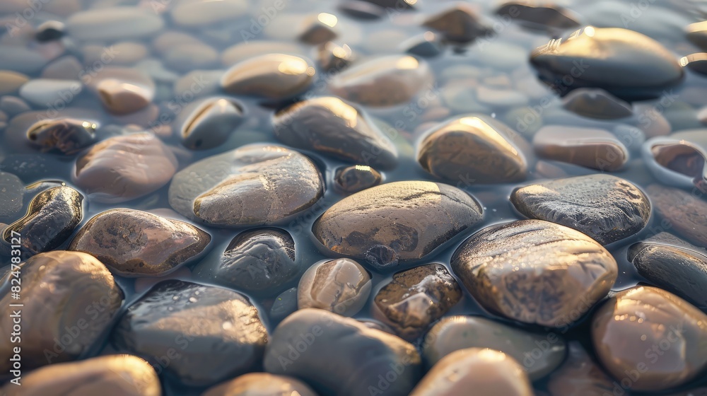 submerged smooth rocks and light reflections, a textured river stone ...